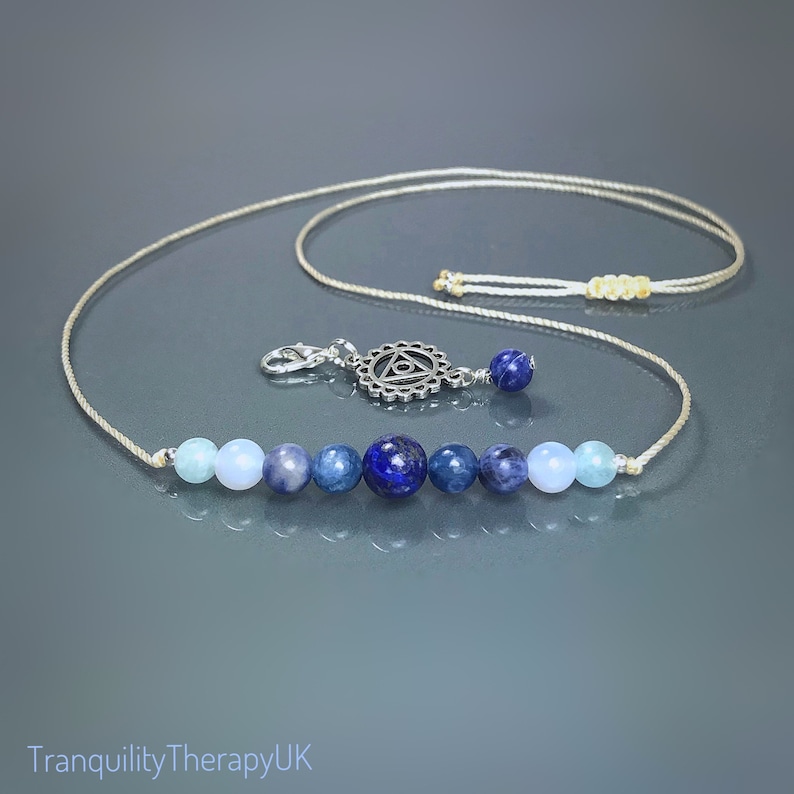 Aquamarine Lapis Kyanite Throat Chakra Necklace: Silk Cord Gemstone ...