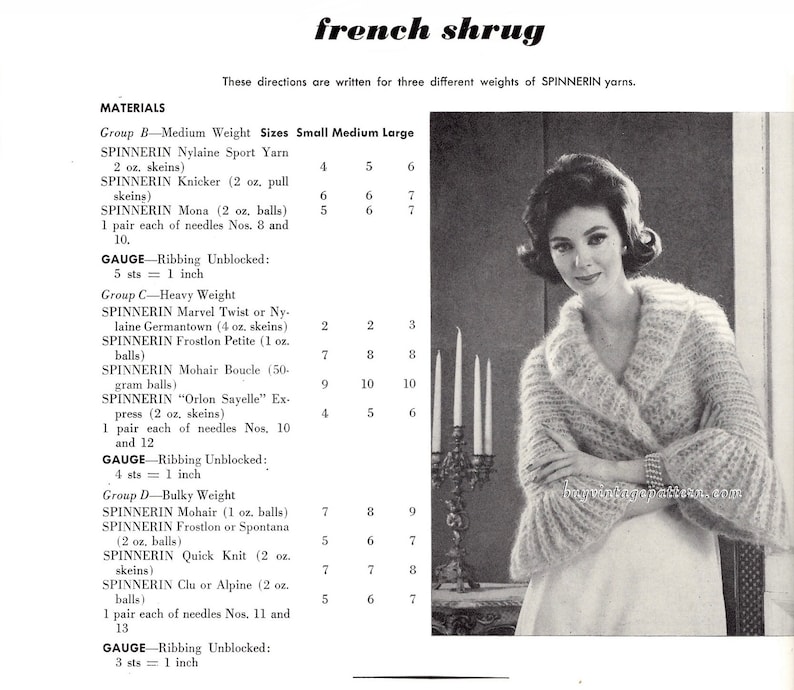 Vintage French Shrug Knitting Pattern in PDF Instant Download Version ...