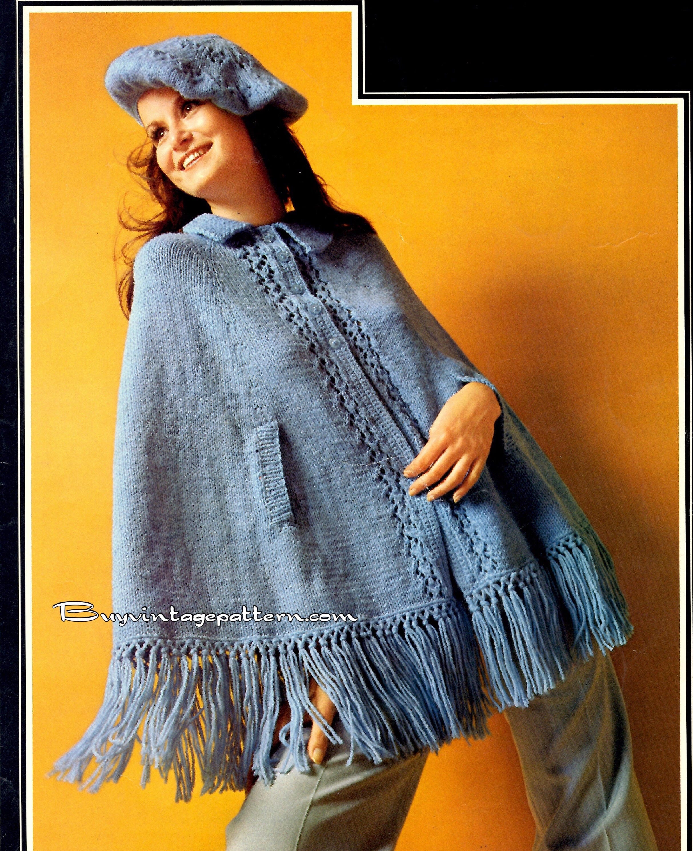 Vintage Blue Poncho Knitting Pattern and White Cape Crochet Pattern in ...