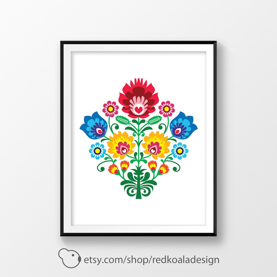 Folk Art Print, Polish Pattern, Floral Wall Art, Flower Art, Rustic Art ...