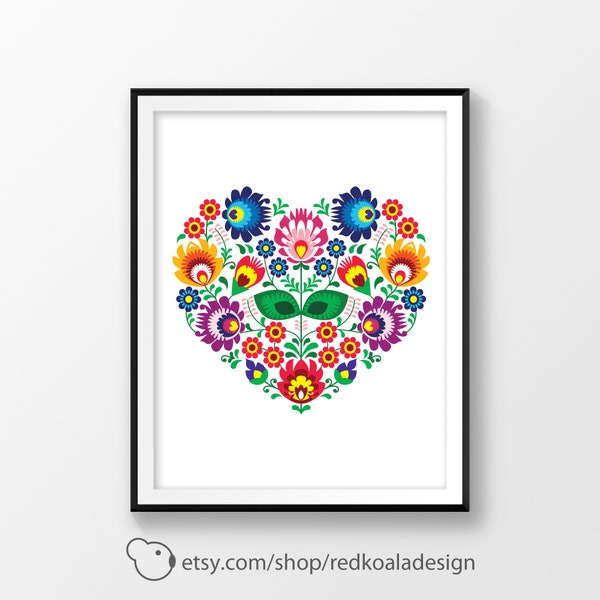 Folk Art Print, Polish Pattern, Floral Wall Art, Flower Art, Rustic Art ...