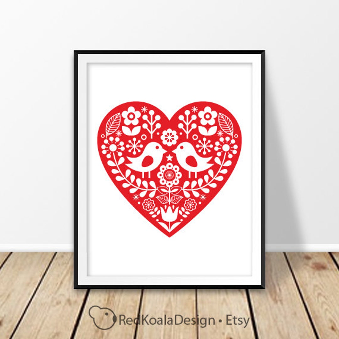 Scandinavian Print, Red Heart Print, Folk Heart, Digital Download ...