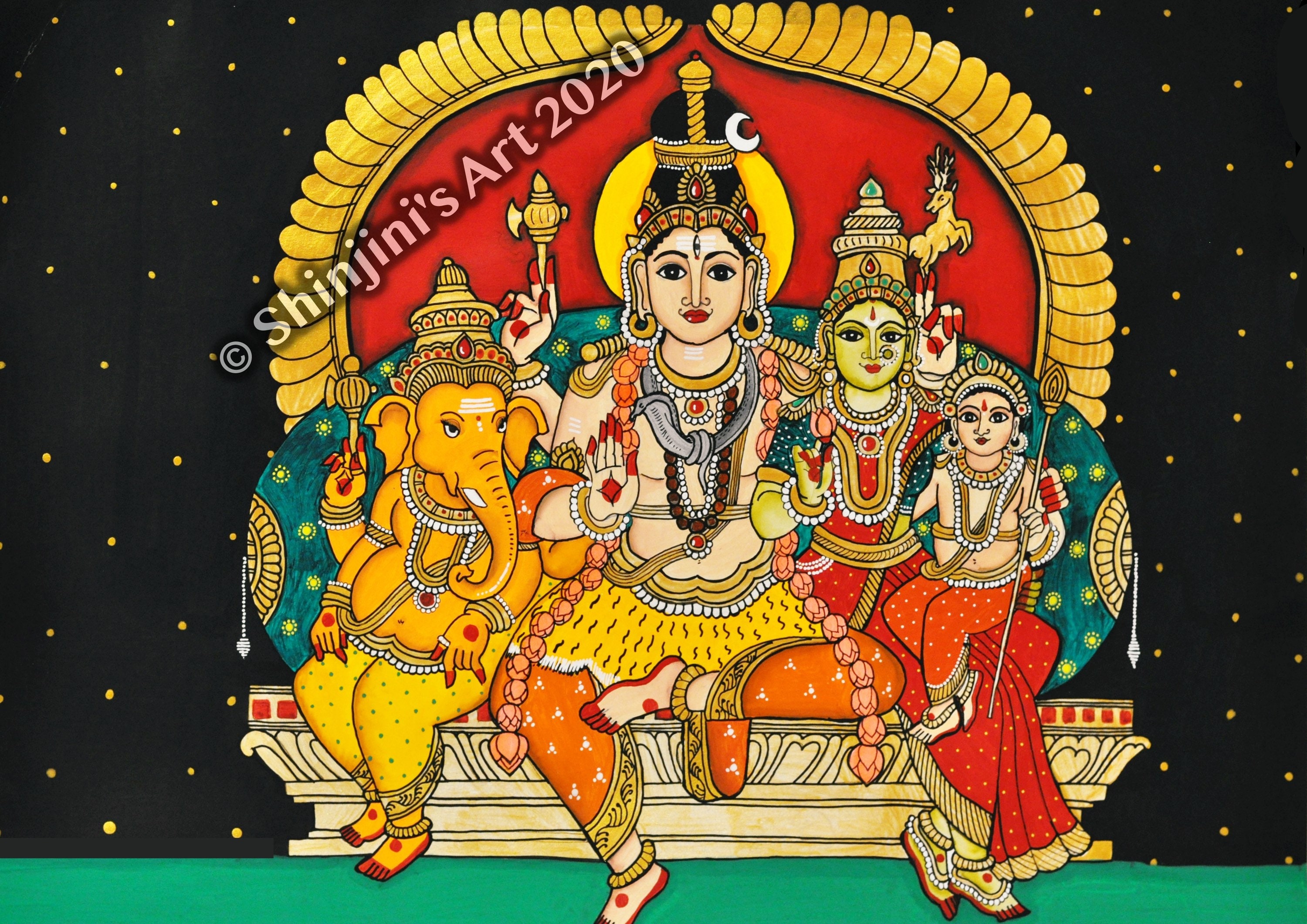 Shiva Parvati Ganesha Karthik in Acrylic Gold (indian Kalamkari Folk Art) - Etsy