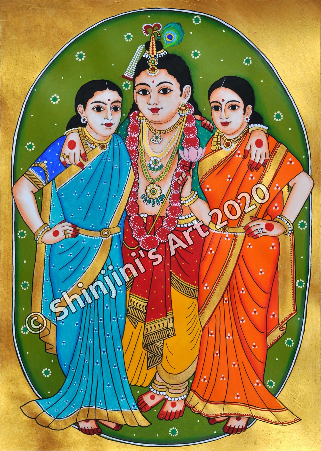 Buy Krishna Radha Rukmini in Gold indian Folk Art Online in India - Etsy