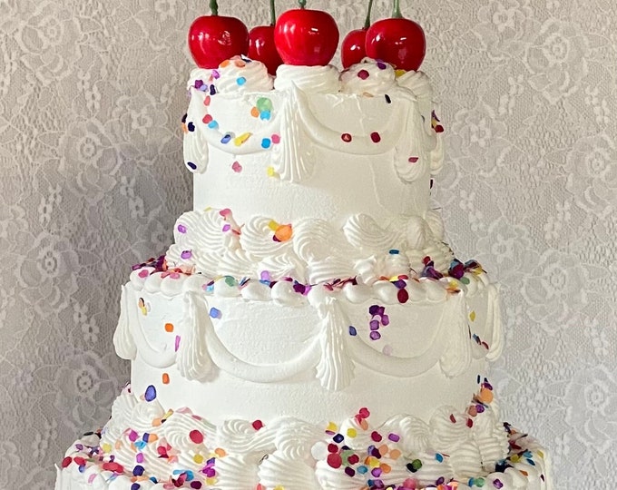 White Fake Cake, 3 Tiered Faux Cake, Rainbow Sprinkles White Cake. 8.5 ...