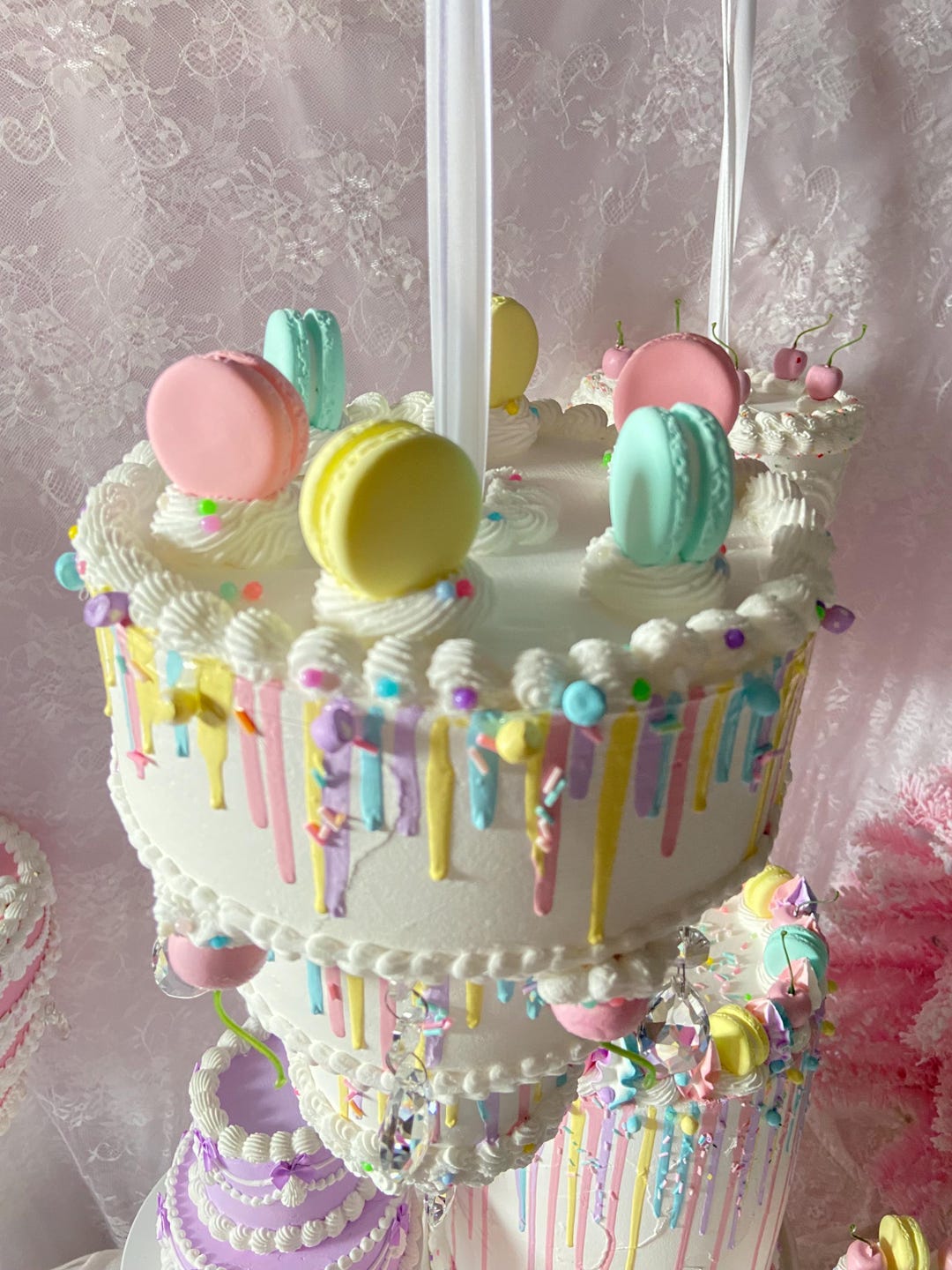 Hanging Fake Cake, Upside Down Cake, 3 Tiered White Faux Cake, Pink ...