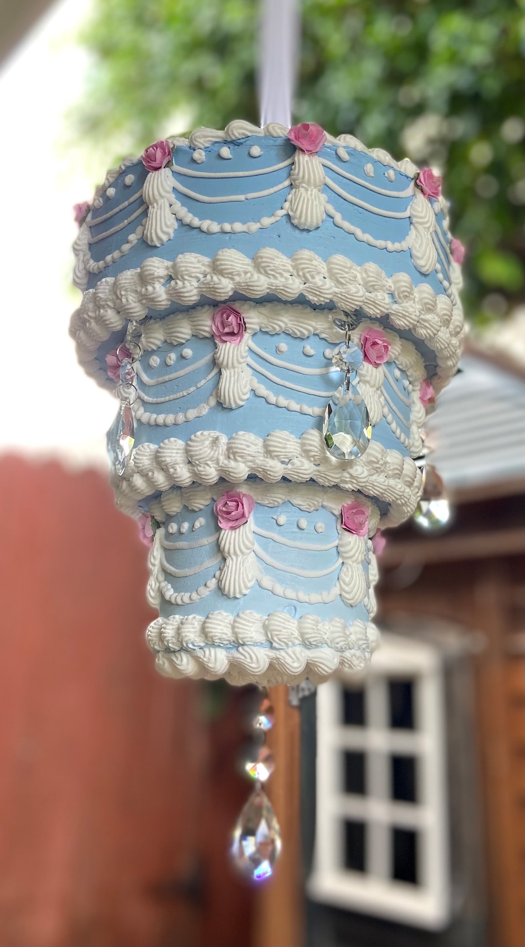 Hanging Fake Cake, Upside Down Cake, 3 Tiered White and Blue Faux Cake ...