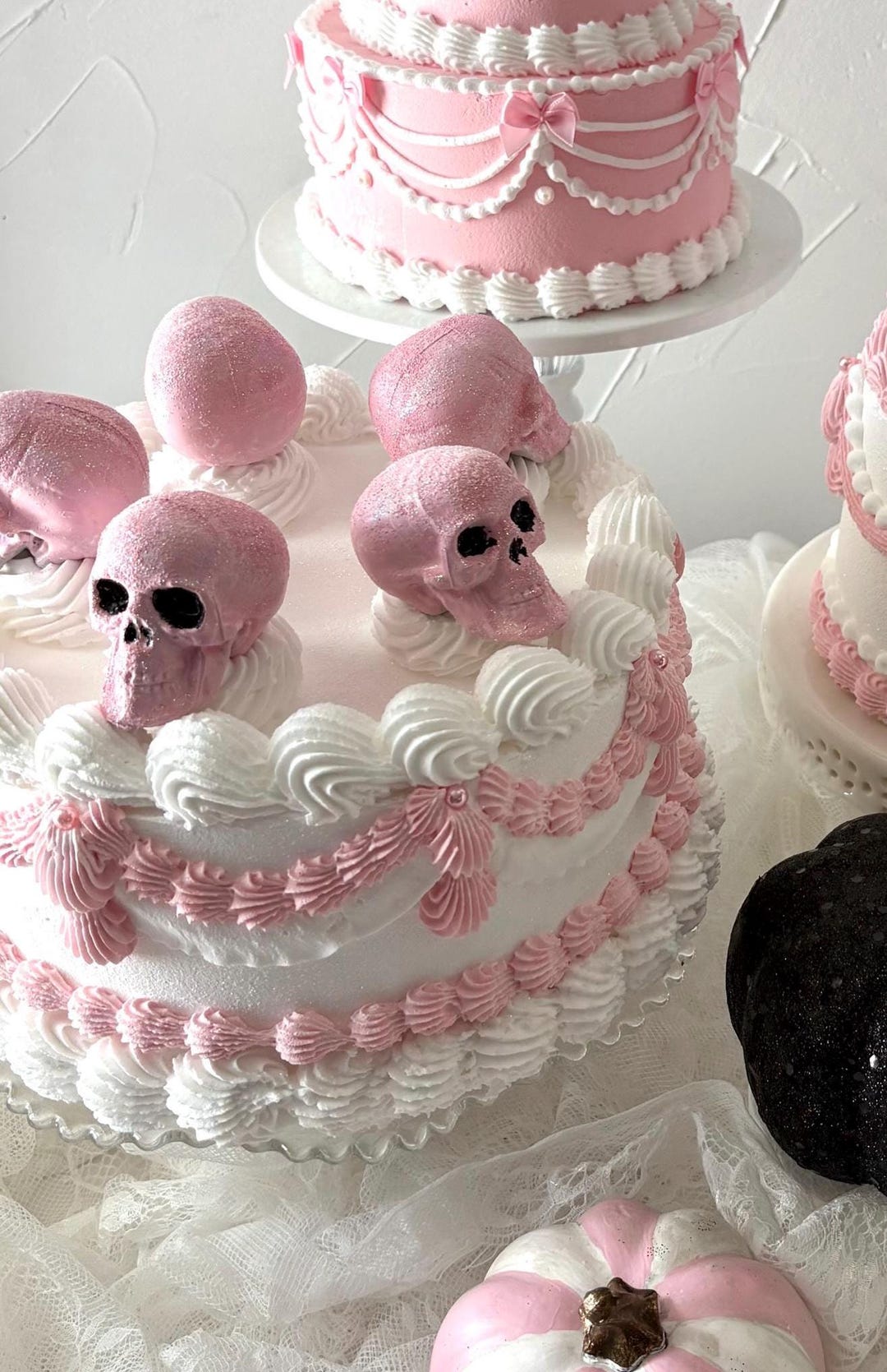 Pink Skull Fake Cake, Pink and White Halloween Faux Cake, 8 Inch Cake ...