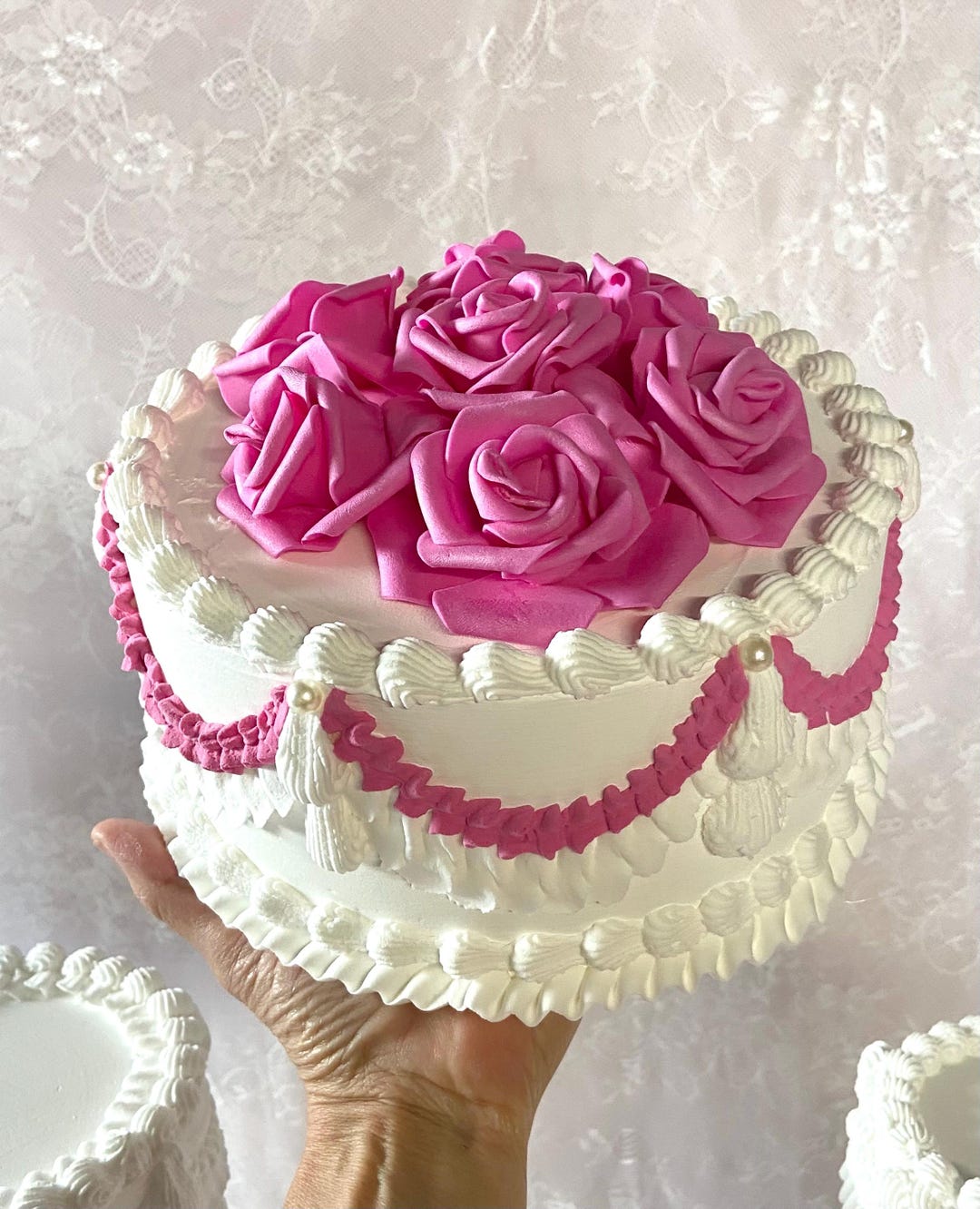White Fake Cake, White and Pink Faux Cake, 8 Inch White Cake With Roses ...