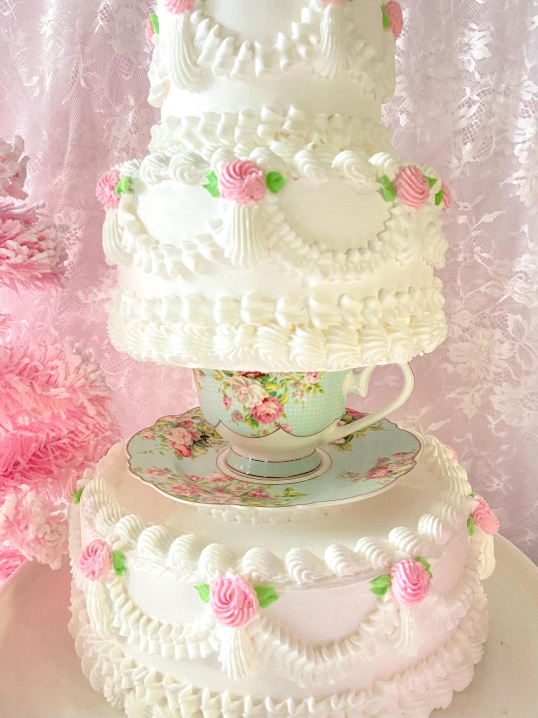 3 Tiered Fake Cake, Turquoise Teacup Cake, White and Pink Fake Cake, 12 ...