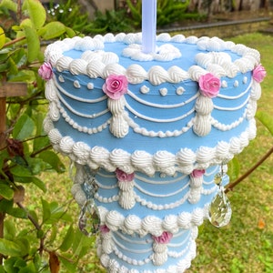 Hanging Fake Cake, Upside Down Cake, 3 Tiered White and Blue Faux Cake ...
