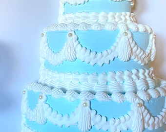 Blue Fake Cake, 3 Tiered Faux Cake, Blue and White Cake, 8 Inch Faux ...