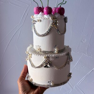 White Fake Cake, 2 Tiered White Faux Cake, 6 Inch Faux Cake, Pink ...