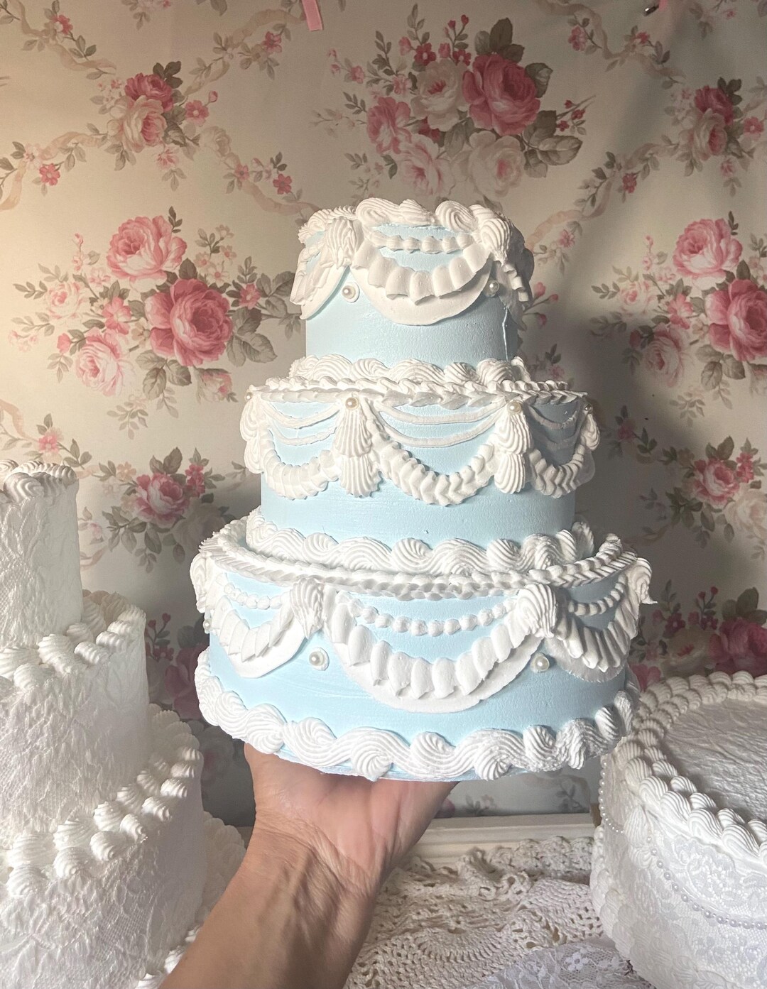 Blue Fake Cake, 3 Tiered Faux Cake, Blue and White Cake, 8 Inch Faux ...