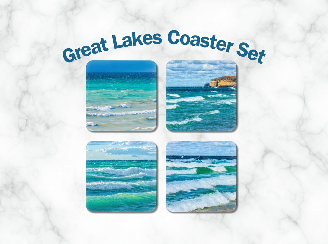 Set of Four Great Lakes Coasters, Lake Michigan Lake Superior, Beach ...