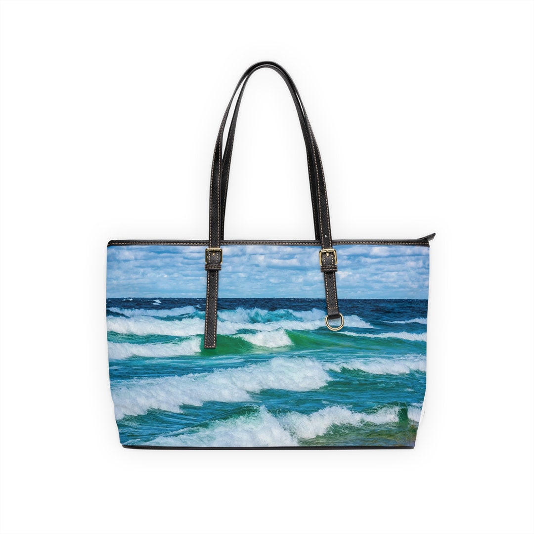 Water Print Totebag, Lake Superior Waves Purse, Large Blue Green Tote ...