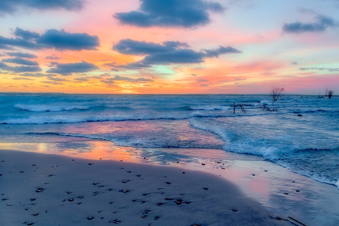 Sunset Beach Print, Lake Michigan Photo, Metal Art, "stained Glass Sky ...