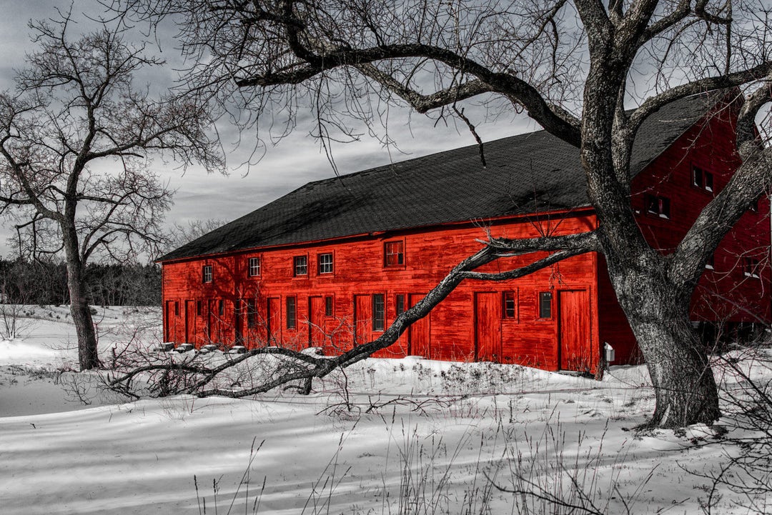 Old Bright Red Barn Print, Antique Farm, Winter Scene Print, Barn Metal ...