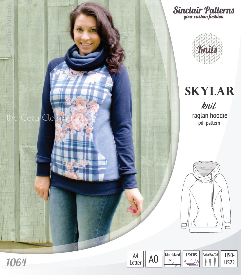Skylar knit raglan hoodie pdf sewing pattern for women | Etsy