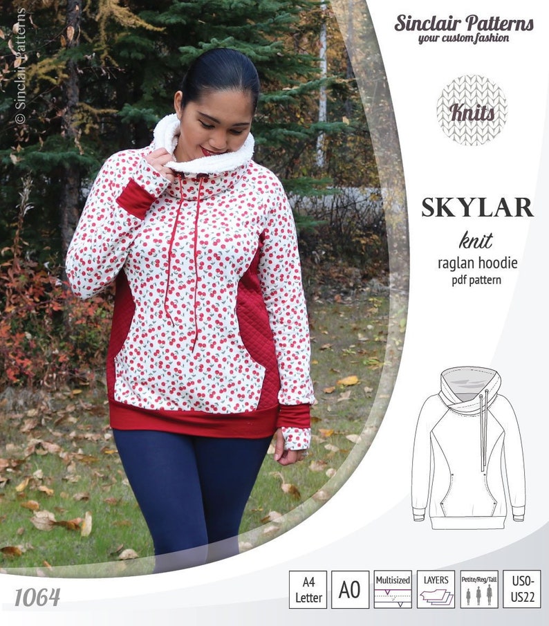 Skylar knit raglan hoodie pdf sewing pattern for women | Etsy