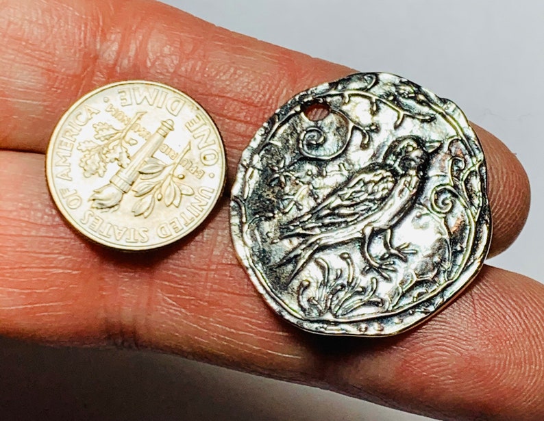 Large Bird Coin Large Round Bird Necklace Rustic Silver Bird | Etsy