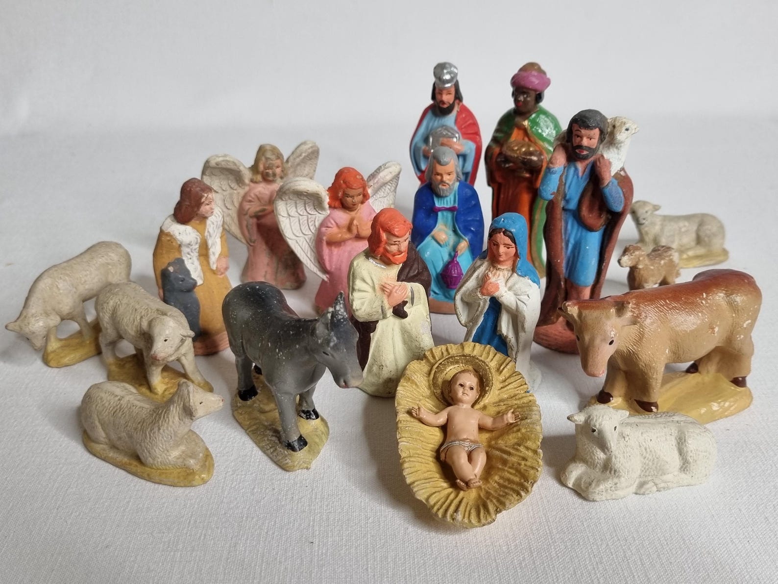 Vintage Papier-mâché Christmas Nativity Set – 18 Hand-painted Figures ...