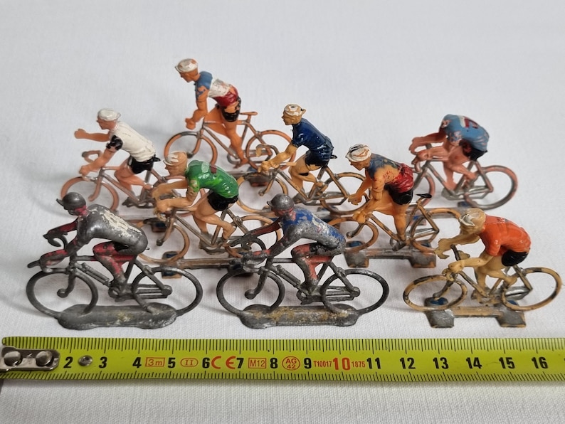 Set of 9 Cyclist Figurines 2 Salza Metal, 7 Painted Plastic, 1960s ...