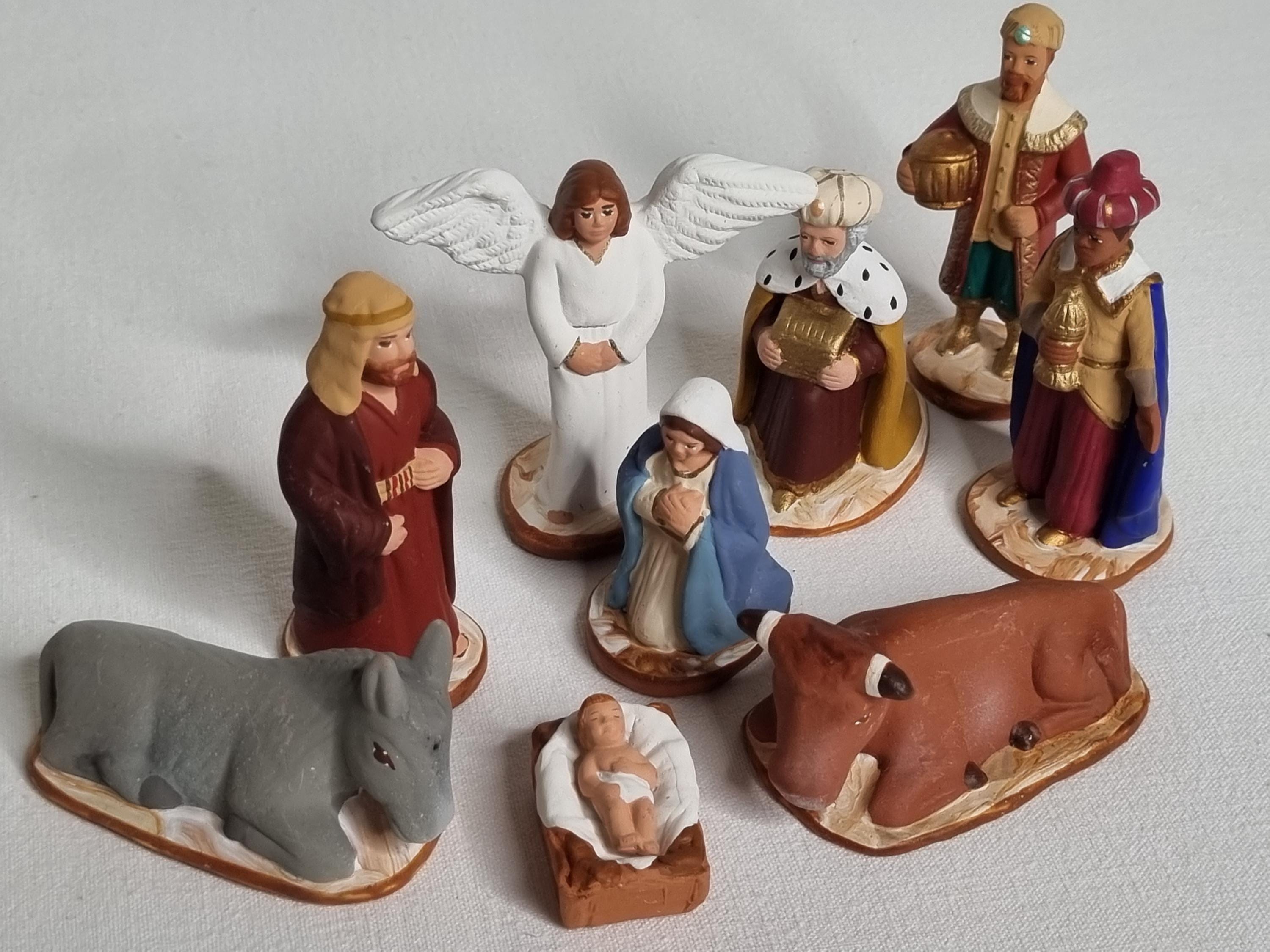 Hand-painted Clay Nativity Set Complete Christmas Crèche 9 Pieces ...