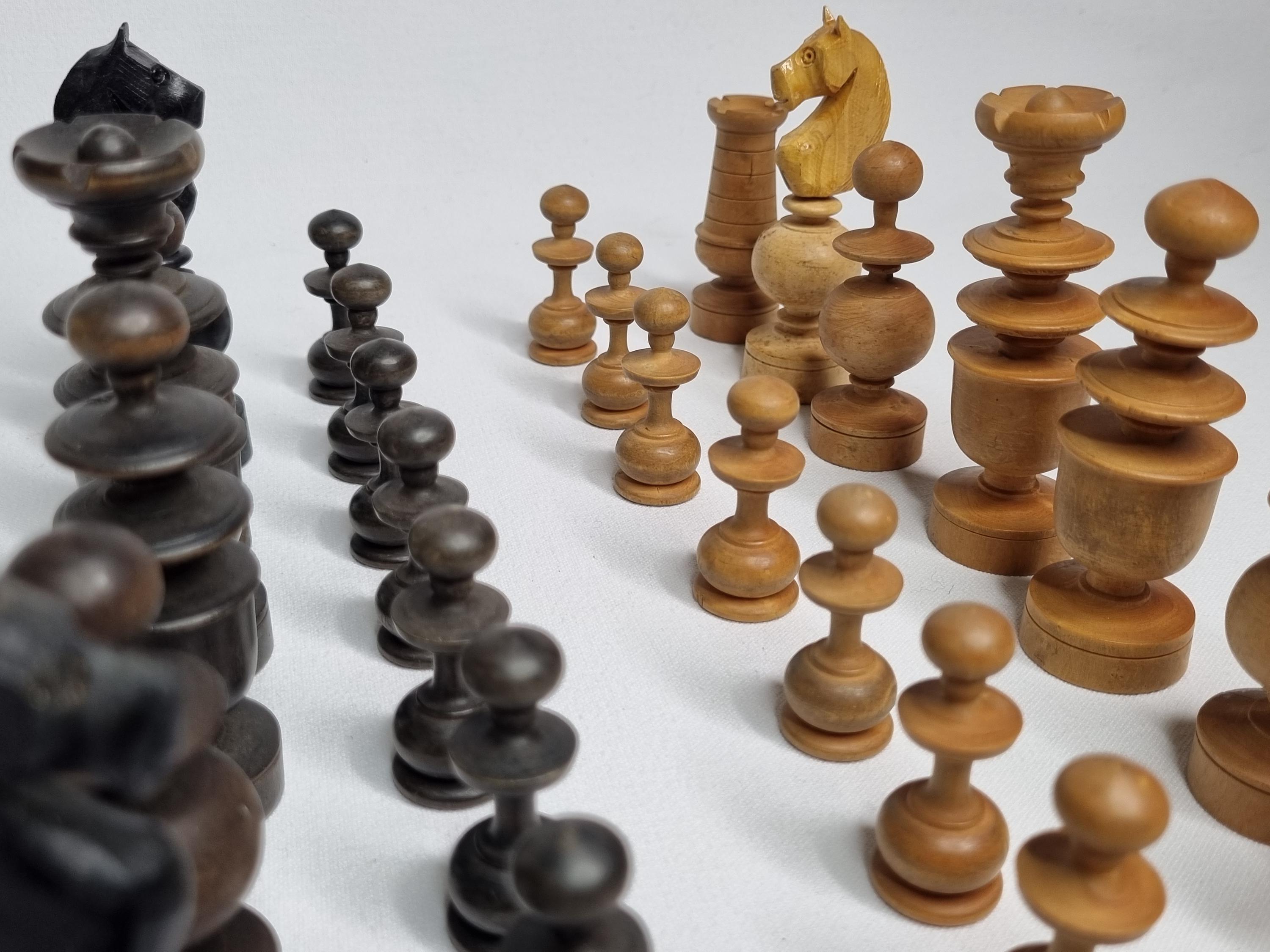 Vintage Regency Style Chess Set in Patinated Turned Wood, Complete, 7 ...