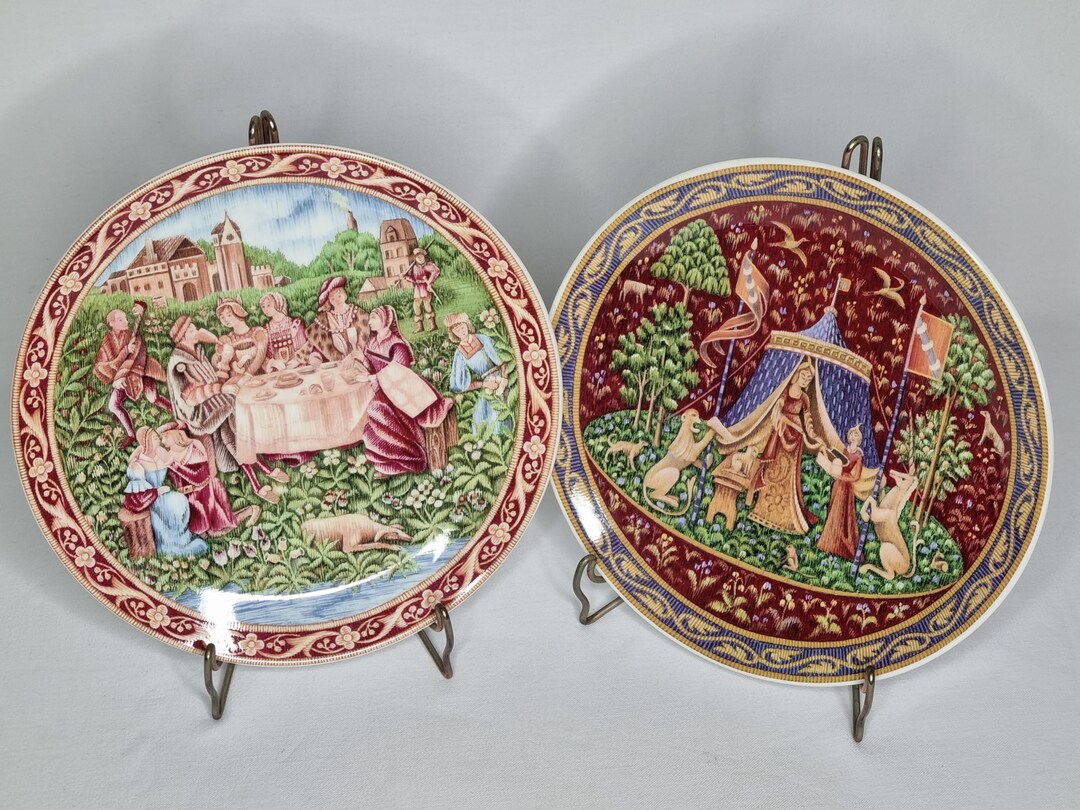Pair of Decorative English Porcelain Plates, Medieval Scenes, "mille ...