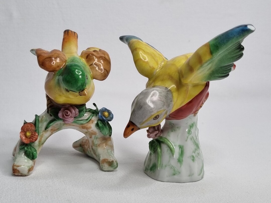 Pair of Capodimonte Porcelain Figurines, Colorful Birds on Floral Bases ...