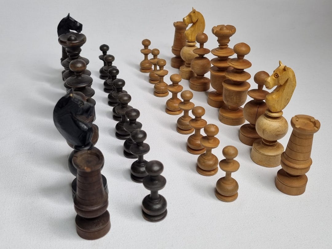 Vintage Regency Style Chess Set in Patinated Turned Wood, Complete, 7 ...