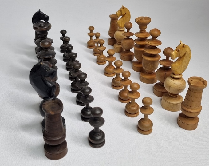 Vintage Regency Style Chess Set in Patinated Turned Wood, Complete, 7 ...