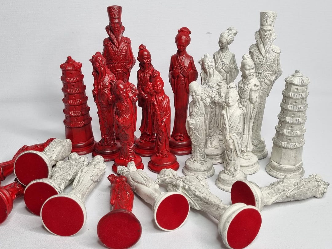 Vintage Oriental-style Chess Set in Patinated Plaster, Red and White ...
