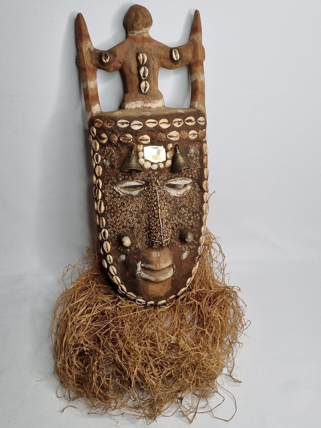 African Wooden Mask With Beads, Cowries, Mirror, and Bells, Baoulé ...