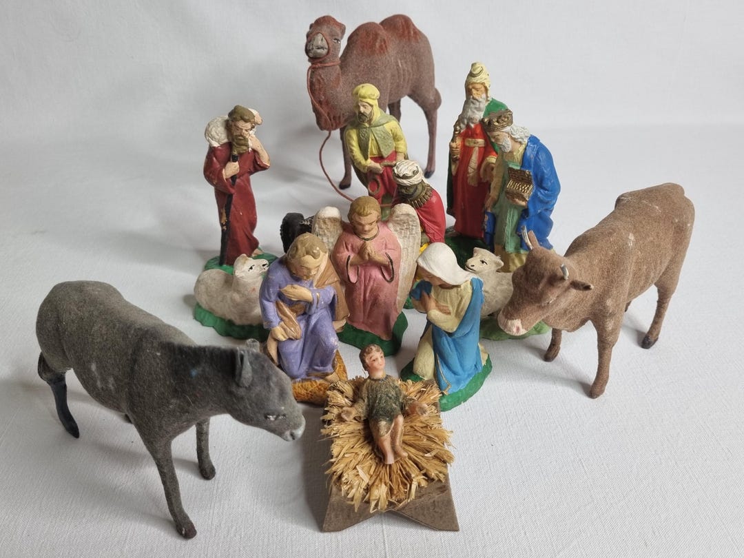 Vintage Nativity Set – 15 Painted Plaster Santons + Flocked Animals ...