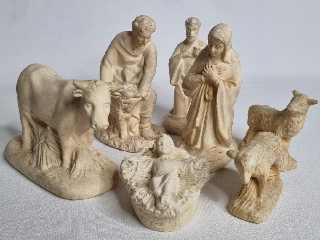 Vintage French Nativity Scene – 7 Patinated Plaster Figures, Incomplete ...