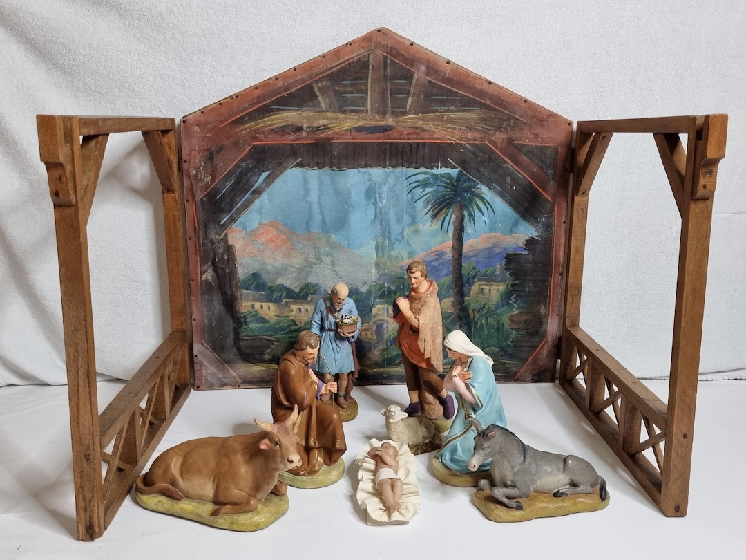 Large Vintage Nativity Scene With Plaster Figurines 15 Cm to 32 Cm and ...