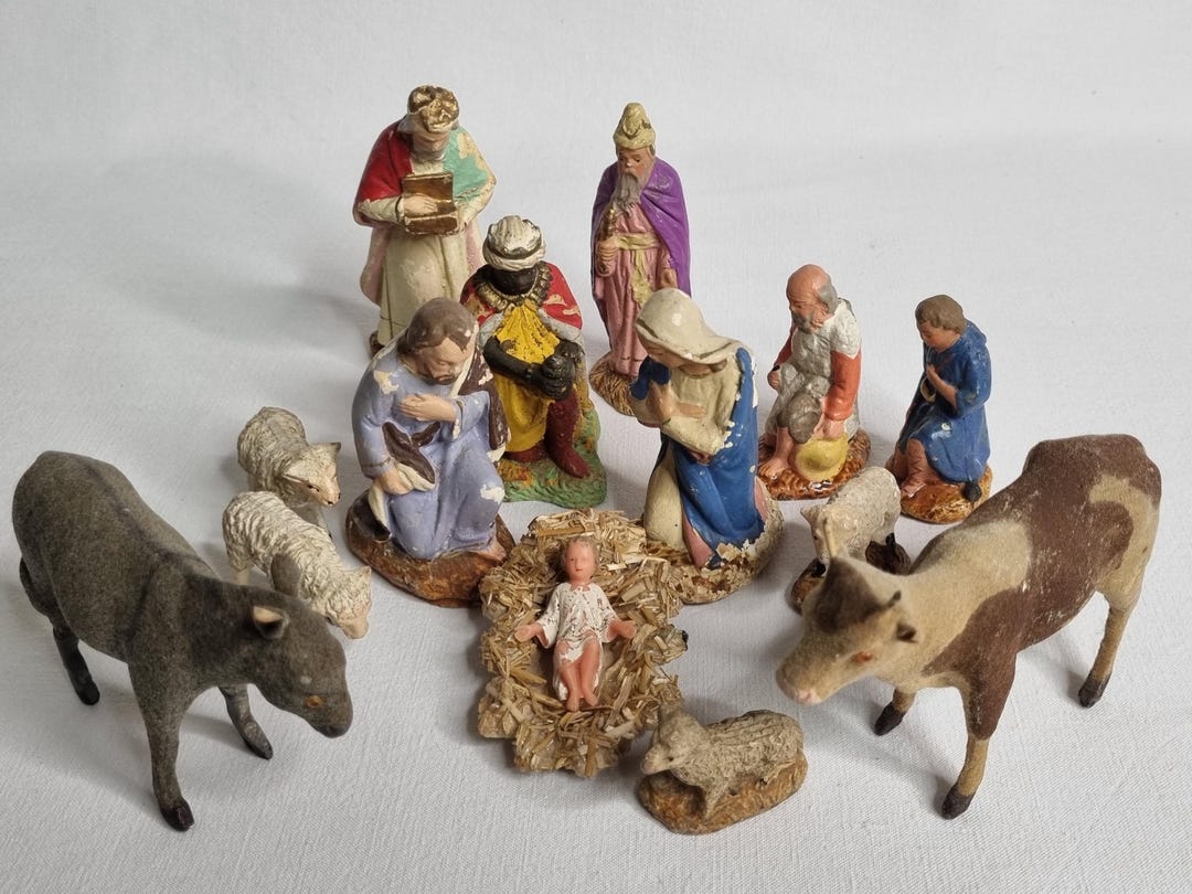 Vintage Nativity Scene by Devineau, 14 Hand-painted Plaster Figures, 8 ...