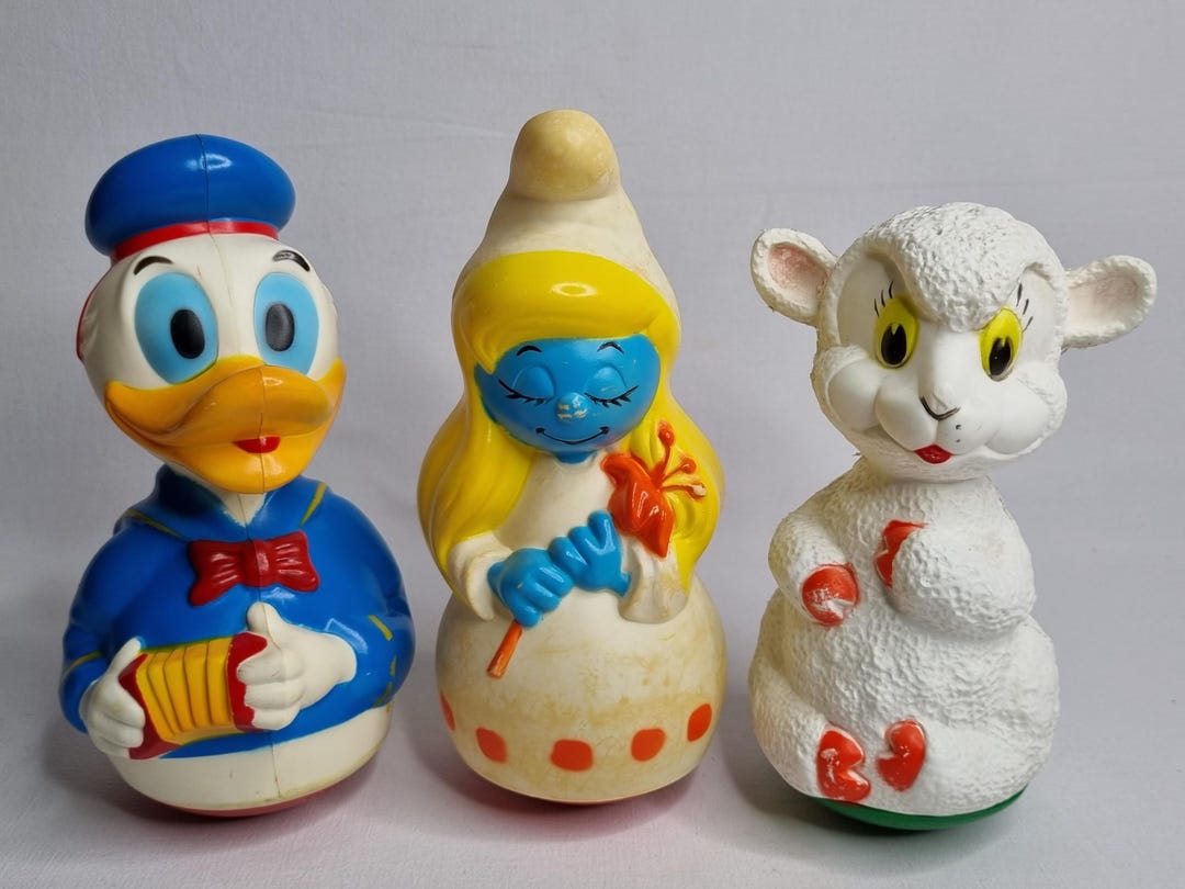 Set of 3 Vintage Plastic Roly-poly Toys – Donald Duck, Smurfette, and ...