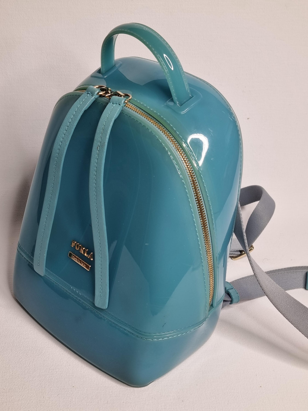 Furla Candy Backpack for Women - Light Turquoise Blue Glossy, Italian ...