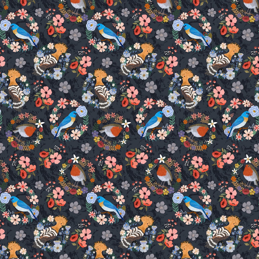 Bird Garden - Wreaths and Blossoms Smoke by Mia Charro for Free Spirit ...