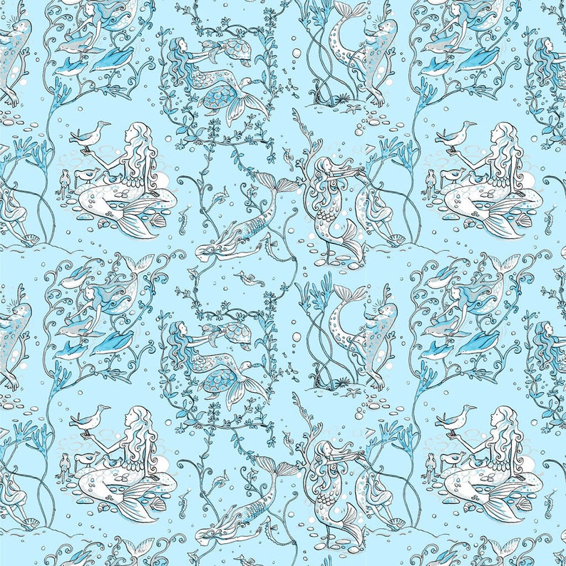 Sandy Toes - Mermaids Light Blue by Anita Jeram for Clothworks - 100% ...