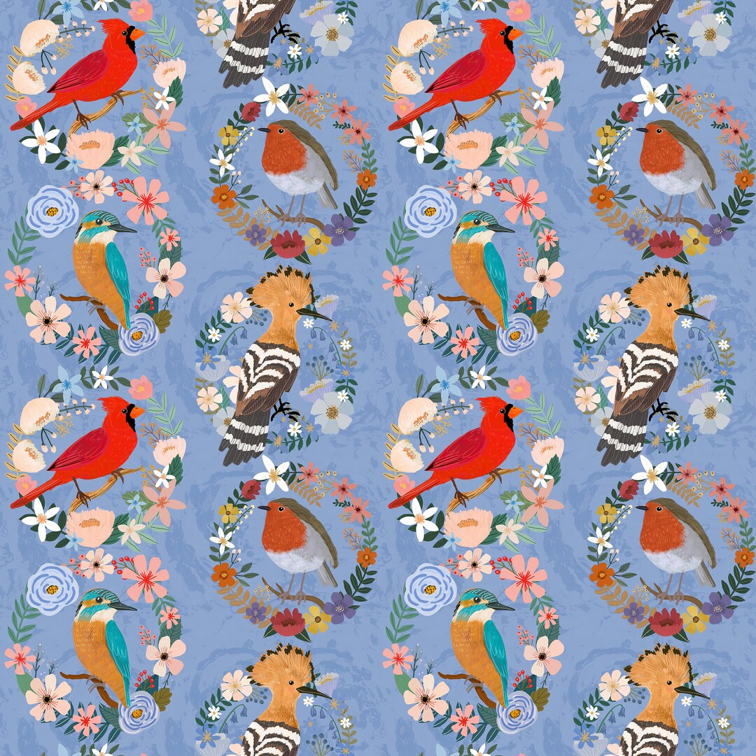 Bird Garden - Bird Wreaths Blue by Mia Charro for Free Spirit - Etsy