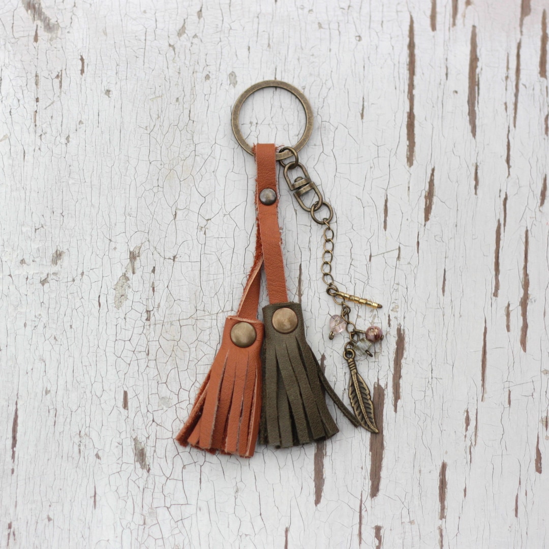 Boho Style Key Fob Charm, Brass Color Keychain With Leather Tassels ...
