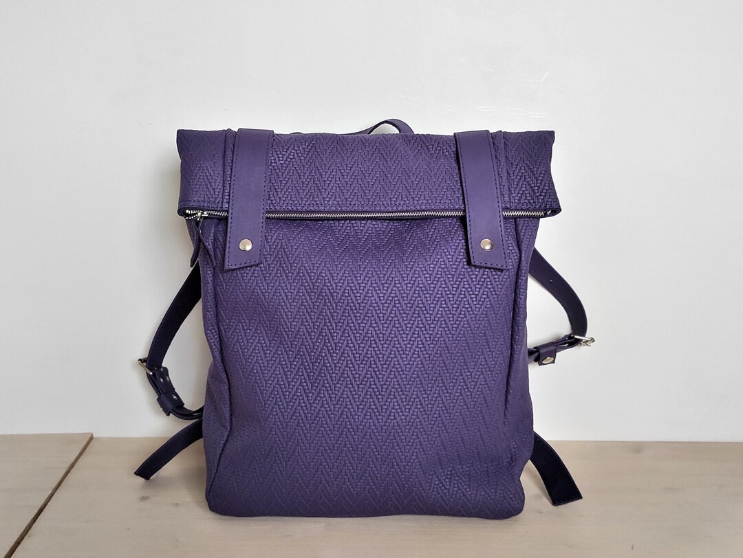 Bright Purple Leather Backpack, Herringbone Backpack, Large Leather ...