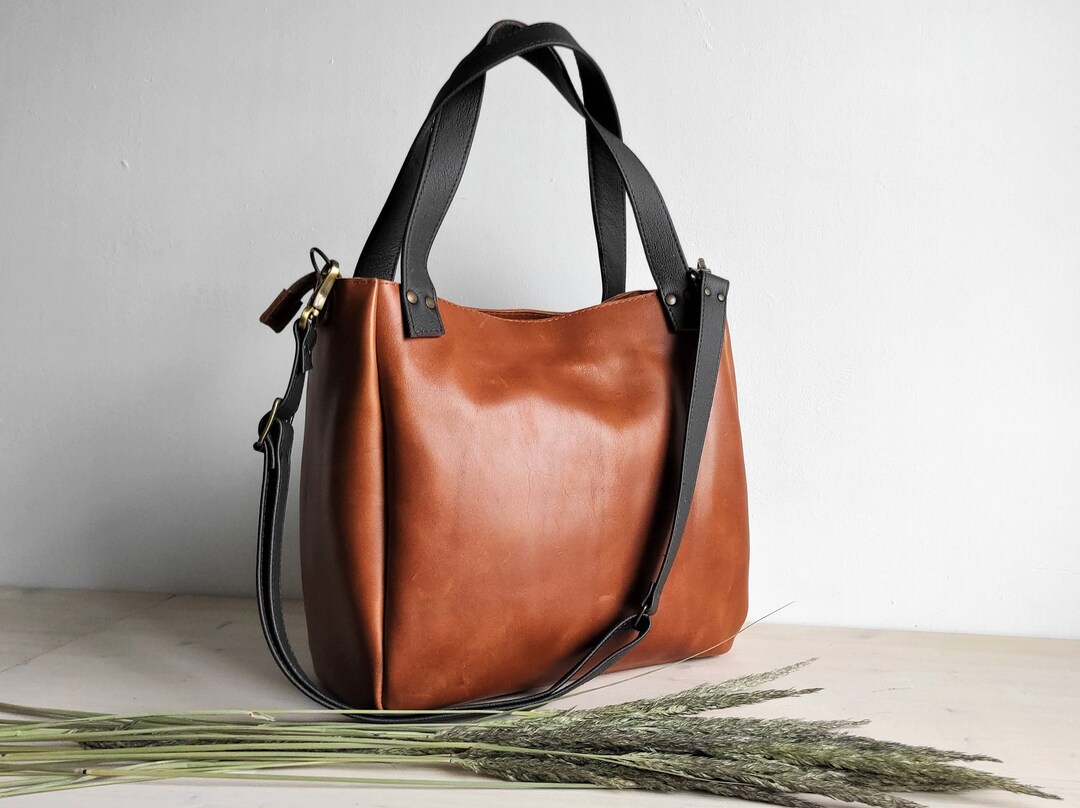 Ginger Brown Leather Tote Bag With Zipper, Caramel Brown Shoulder Tote ...