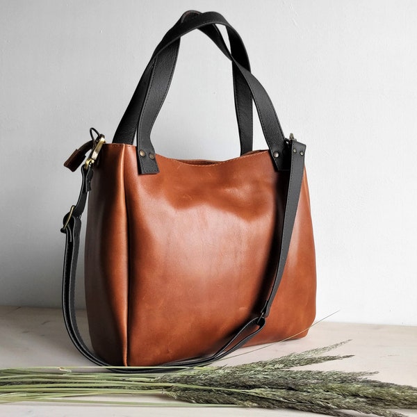 Tan Leather Tote Bag - Etsy