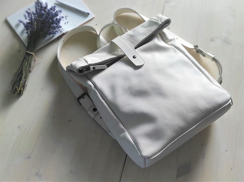 Soft White Leather Roll Top Backpack – Handmade Fold Over Travel or ...