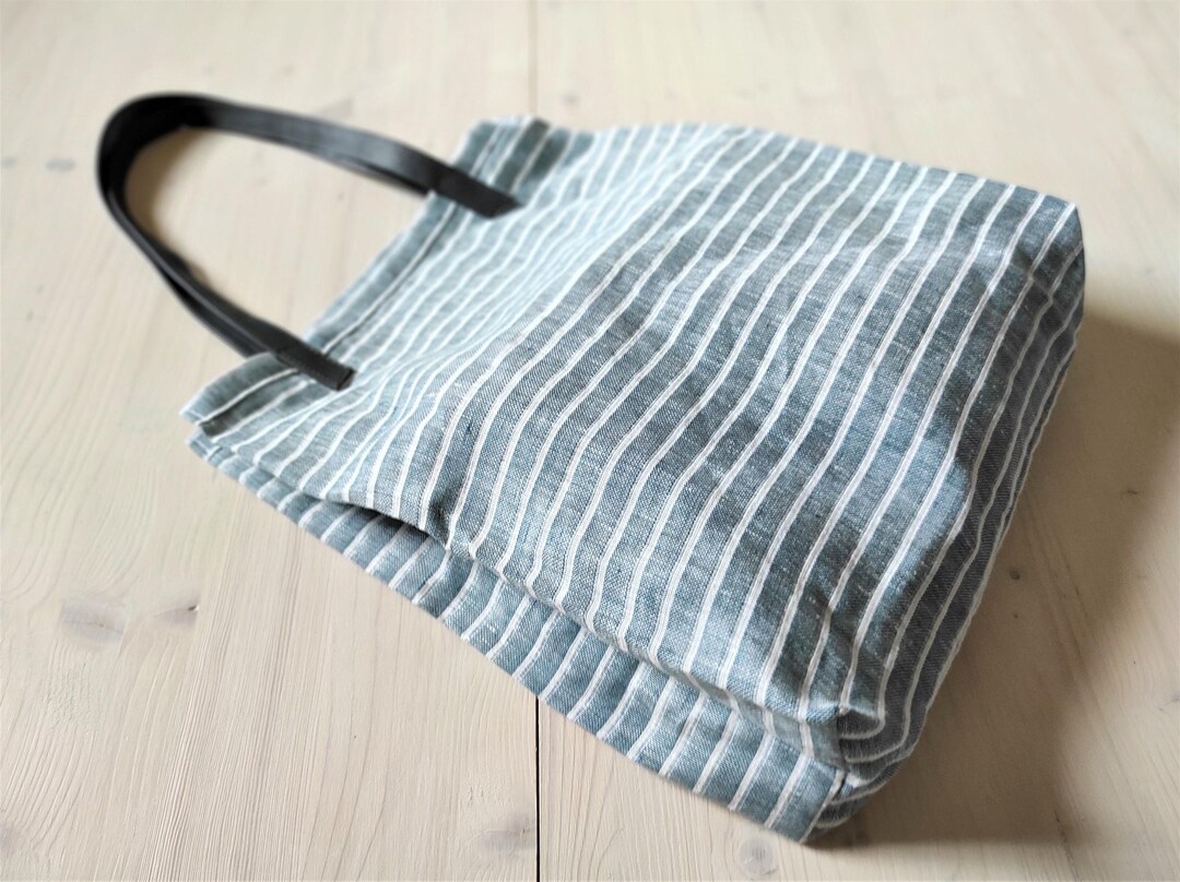 Striped Linen Tote Bag With Grey Leather Shoulder Straps - White and Teal Blue Beach Bag / Extra ...